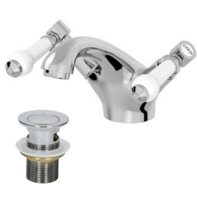 Affine Traditional Basin Mixer Tap & Waste Set - Twin Lever Handle - Chrome