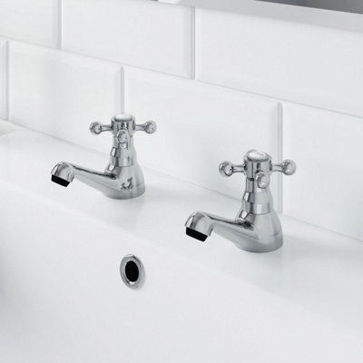 Affine Traditional Bathroom Twin Basin Sink Taps 2 Tap Hole Brass Cross ...