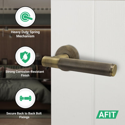 AFIT Antique Brass Door Handle Internal Lever on Rose Vuori Knurled ...