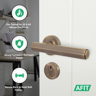 AFIT Antique Brass Fire Door Handle Euro Lock and Double Cylinder Set ...