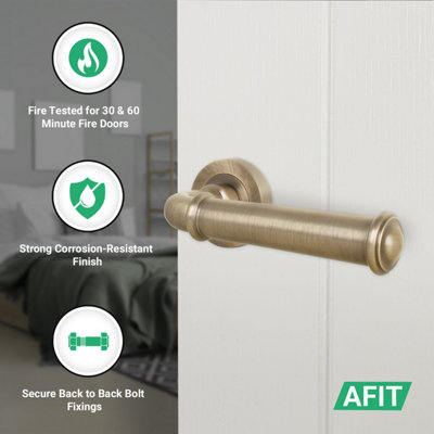 AFIT Antique Brass Fire Door Handle, Internal Lever on Rose Fire Rated ...