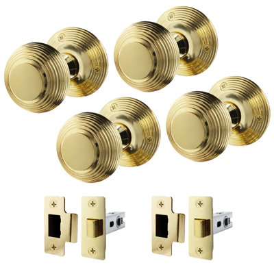 AFIT Beehive Door Knob Set Polished Brass - 2 Pairs of Reeded Mortice Knobs (55mm) & Latch (76mm ...