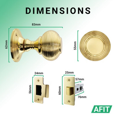 AFIT Beehive Door Knob Set Polished Brass - 2 Pairs of Reeded Mortice Knobs (55mm) & Latch (76mm ...