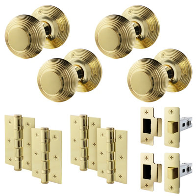 AFIT Beehive Door Knob Set Polished Brass - 2 Pairs of Reeded Mortice Knobs (55mm), Latch (76mm ...