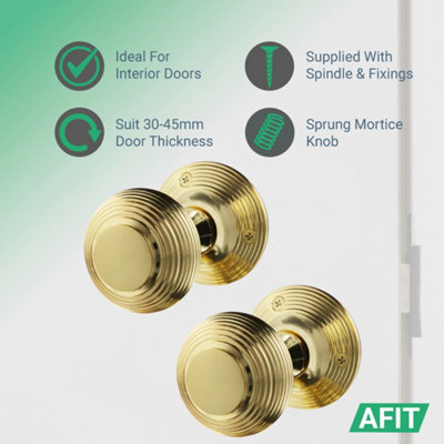 AFIT Beehive Door Knob Set Polished Brass - 2 Pairs of Reeded Mortice Knobs (55mm), Latch (76mm ...