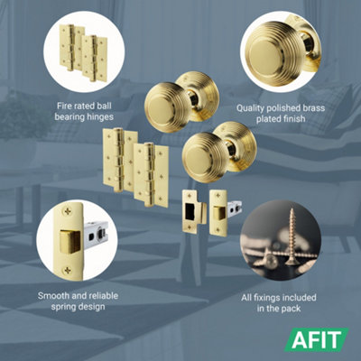 AFIT Beehive Door Knob Set Polished Brass - 2 Pairs of Reeded Mortice Knobs (55mm), Latch (76mm ...