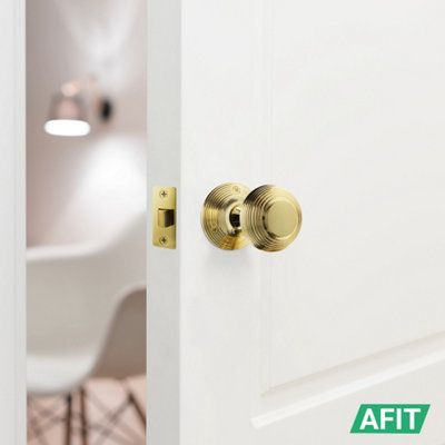 AFIT Beehive Door Knob Set Polished Brass - 2 Pairs of Reeded Mortice Knobs (55mm), Latch (76mm ...
