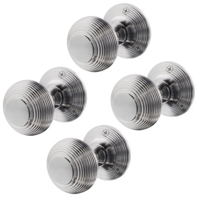 AFIT Beehive Door Knobs Satin Chrome - 2 Pairs of Reeded Mortice Knobs (55mm) for Internal Doors