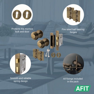AFIT Beehive Key Lock Door Knob Set Antique Brass - 1 Pair of Reeded ...