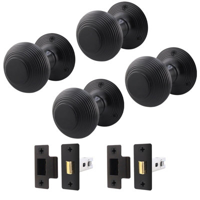 AFIT Beehive Reeded Black Door Knob Set - 2 Pairs of Matt Black Mortice ...