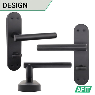 AFIT Black Bathroom Door Handles With WC Lock T-Bar 1 Pair Olvera Backplate Range