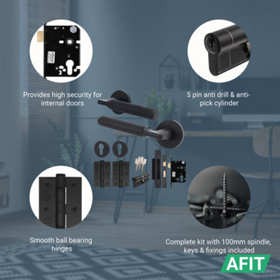 AFIT Black Door Handle Euro Lock and Cylinder Set Matt Black Internal ...