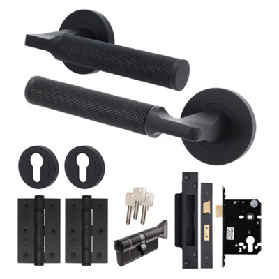 AFIT Black Door Handle Euro Lock and Thumbturn Cylinder Set Internal ...