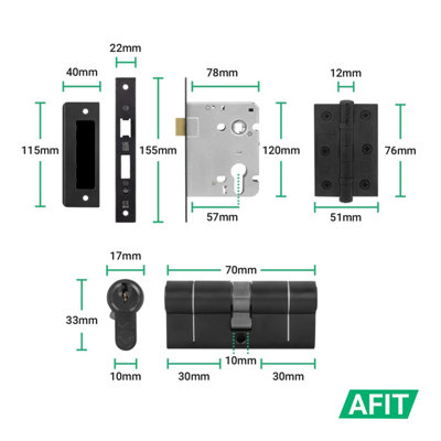 AFIT Black Door Handle Euro Lock, Double Cylinder, Hinges, 1 Pair of ...