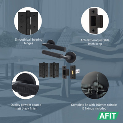 AFIT Black Door Handle Latch Set Matt Black Internal with 64mm Latch ...