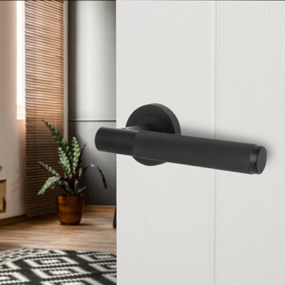 AFIT Black Door Handle Matt Black Internal Lever on Rose Vuori Knurled ...