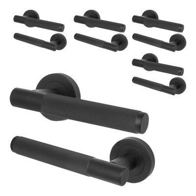 AFIT Black Door Handle Matt Black Internal Lever on Rose Vuori Knurled ...