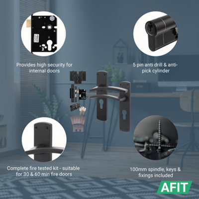 AFIT Black Fire Door Handle Euro Lock and Cylinder Set, Matt Black ...