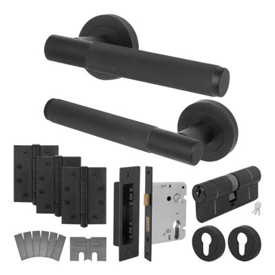 AFIT Black Fire Door Handle Euro Lock and Double Cylinder Set Matt ...