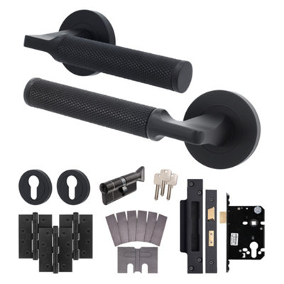 AFIT Black Fire Door Handle Euro Lock Thumbturn Cylinder Set Internal ...