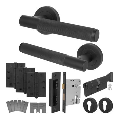 AFIT Black Fire Door Handle Euro Lock Thumbturn Cylinder Set Internal ...