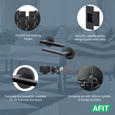 AFIT Black Fire Door Handle Latch Set, Matt Black Internal Fire Rated ...