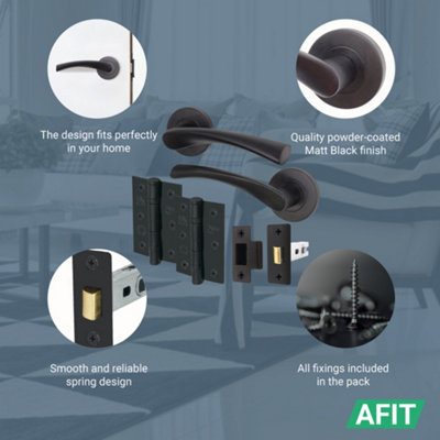 AFIT Black Internal Twist Door Handles with Latch and Hinges 3 Pairs ...