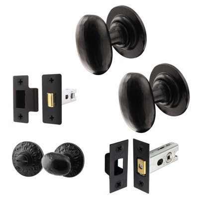 AFIT Black Iron Door Knob Set - Cast Iron Antique Oval Mortice Knobs, Latch & Deadbolt Kit (76mm ...