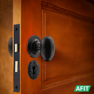 AFIT Black Iron KeyLock Door Knob Set - 1 Pair of Cast Iron Antique Oval Mortice Knobs, Sash ...