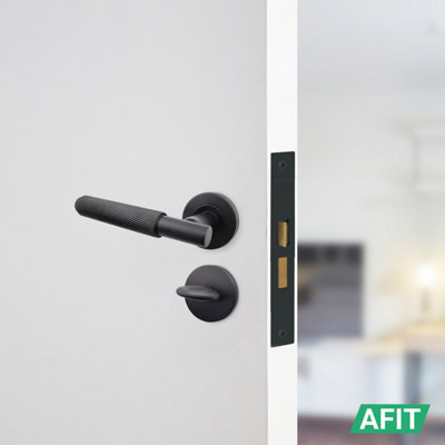 AFIT Black Knurled Bathroom Door Handle Set PACK of 2 Internal Handles and 64mm Lock and 76mm ...