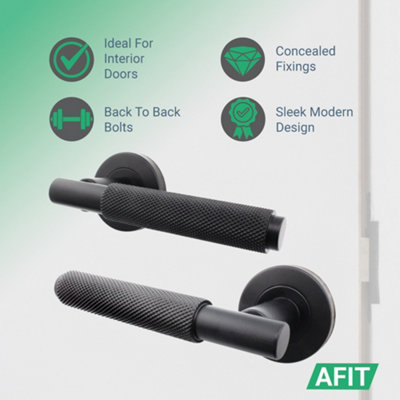 AFIT Black Knurled Door Handles Set PACK of 3 Internal handles and 64mm Latch Dixon Range