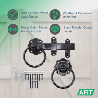 AFIT Black Ring Gate Latch Set, 6 Inch / 150mm Heavy Duty Twisted Auto ...