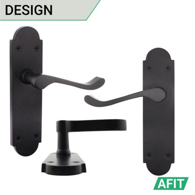 AFIT Black Scroll Door Handles Latch with Tubular Latch Set Pack of 5 Shaped Victorian Scroll Range