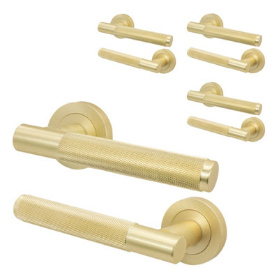AFIT Brass Door Handle Satin Brass Internal Lever on Rose Vuori Knurled ...