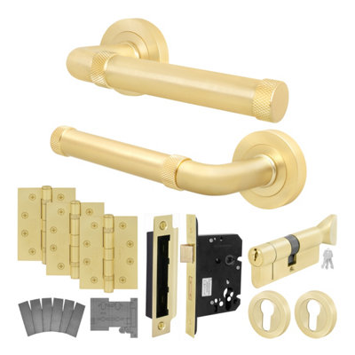 AFIT Brass Fire Door Handle Euro Lock and Thumbturn Cylinder Set, Satin ...