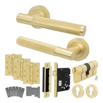AFIT Brass Fire Door Handle Euro Lock Double Cylinder Set Satin Brass ...