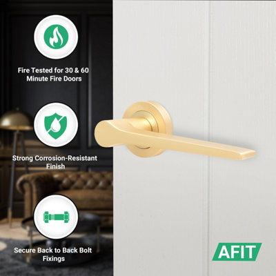 AFIT Brass Fire Door Handle, Satin Brass Internal Lever on Rose Fire ...