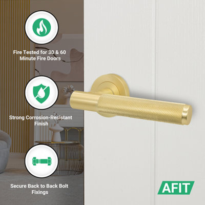 AFIT Brass Fire Door Handle Satin Brass Internal Lever on Rose Fire ...