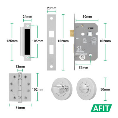 AFIT Chrome Fire Door Handle Bathroom Set, Polished Internal Fire Rated ...