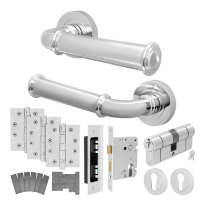 AFIT Chrome Fire Door Handle Euro Lock and Double Cylinder Set ...