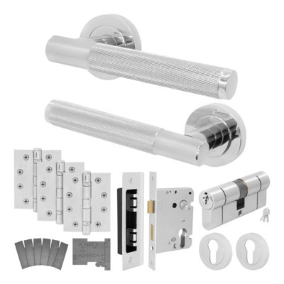 AFIT Chrome Fire Door Handle Euro Lock and Double Cylinder Set ...
