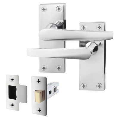 AFIT Chrome Straight Door Handle on Backplate Latch Set for Internal Doors With 64mm Latch ...