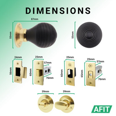 AFIT Ebony Wood Door Knob Set - 1 Pair of Mortice Knobs (55mm), Latch ...