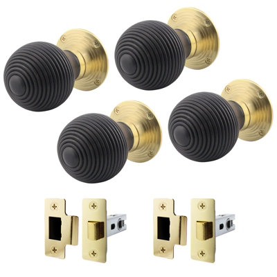 AFIT Ebony Wood Door Knob Set - 2 Pairs of Mortice Knobs (55mm) & Latch (76mm) for Internal Doors