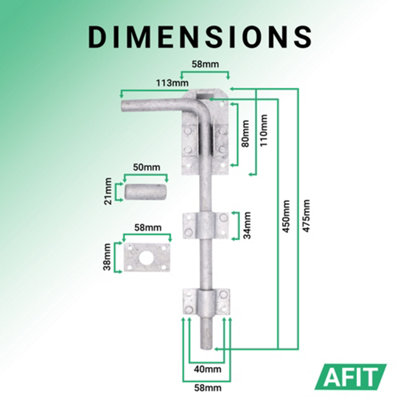 AFIT Gate Bolt Drop Down Pattern Heavy Duty Galvanised 18 Inch 450mm ...