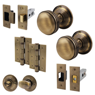 AFIT Lined Door Knob Set Antique Brass - 1 Pair of Mortice Knobs (55mm) Latch & Deadbolt Kit ...