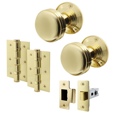 AFIT Lined Door Knob Set Polished Brass - 1 Pair of Mortice Knobs (55mm), Latch (76mm) & Hinges ...