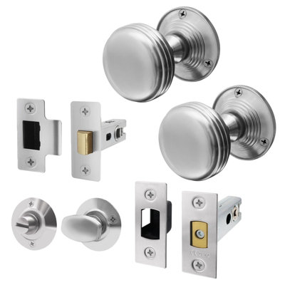 AFIT Lined Door Knob Set Satin Chrome, 1 Pair of Mortice Knobs 55mm, Latch & Deadbolt Kit 76mm ...