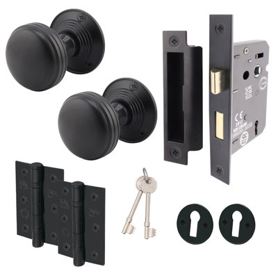 AFIT Lined Key Lock Door Knob Set Matt Black - 1 Pair of Mortice Knobs ...