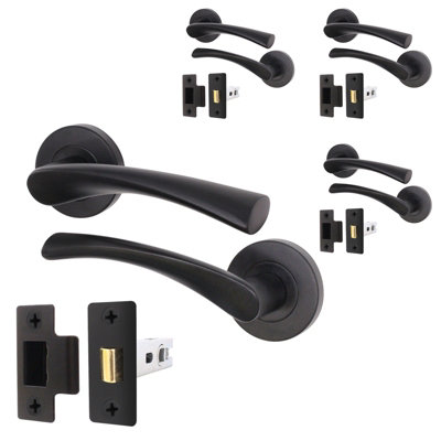 AFIT Matt Black Door Handle Latch Set - Pack of 4 Round Internal Door ...